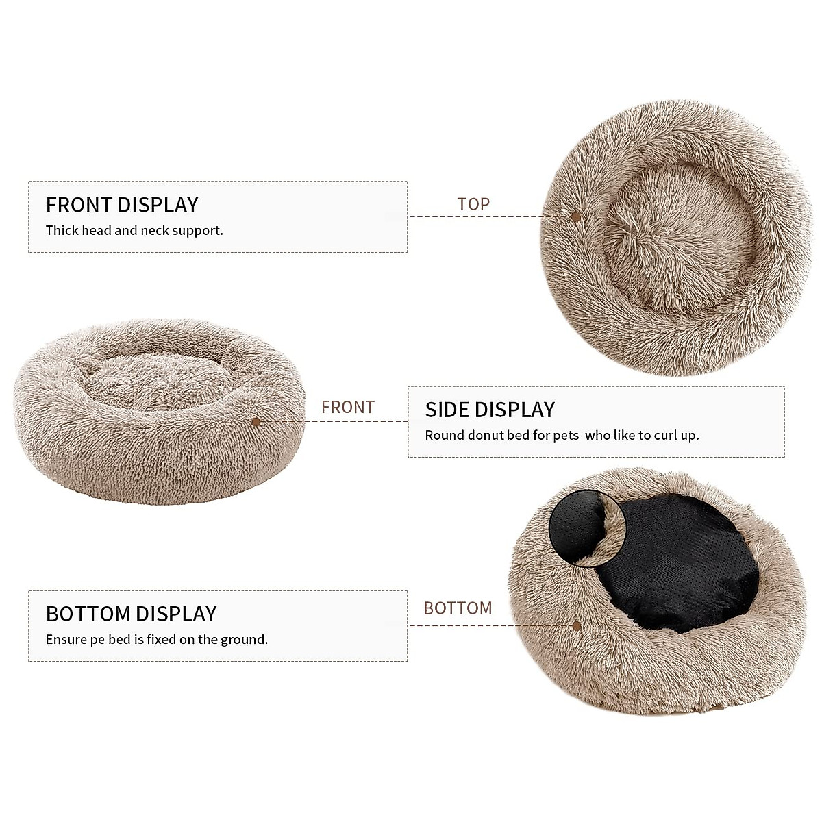 CEVICOLZE Small Cat Bed for Indoor Cats, Self-Warming Donut Kitty Bed for Small Cats Keeping Warm, Washable Pet Bed with Anti Slip Base, Khaki 15.8‘’