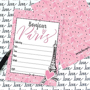 DISTINCTIVS Pink Paris Birthday Party Invitations - French Parisian Party Theme - 10 Cards with Envelopes