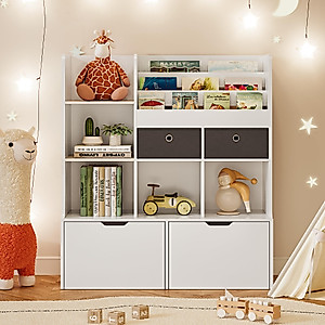 IDEALHOUSE Kids Bookshelf with Drawers 47.8in Toy Storage Organizer Modern Bookcase with Cubbies White Floor Storage Cabinet Wooden Toy Chest Playroom, Classroom, Nursery, Kids Room