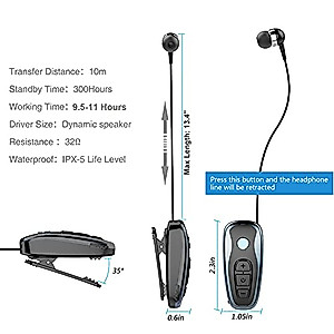 Retractable Wireless Headset Headphone Stereo Earphone V5.0 Noise Cancelling Mic Clip on Earpiece Comfortable HandsFree Headset 11Hrs Talking Time Sports Business Trucker Driver Earbud