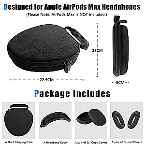 Hard Case for AirPods Max Headphone Supports Sleep Mode, Travel Carrying Case with AirPods Max Silicone Earpad Cover/Ear Cups Cover/Headband Cover, AirPods Max Protective Portable Storage Bag (Black)