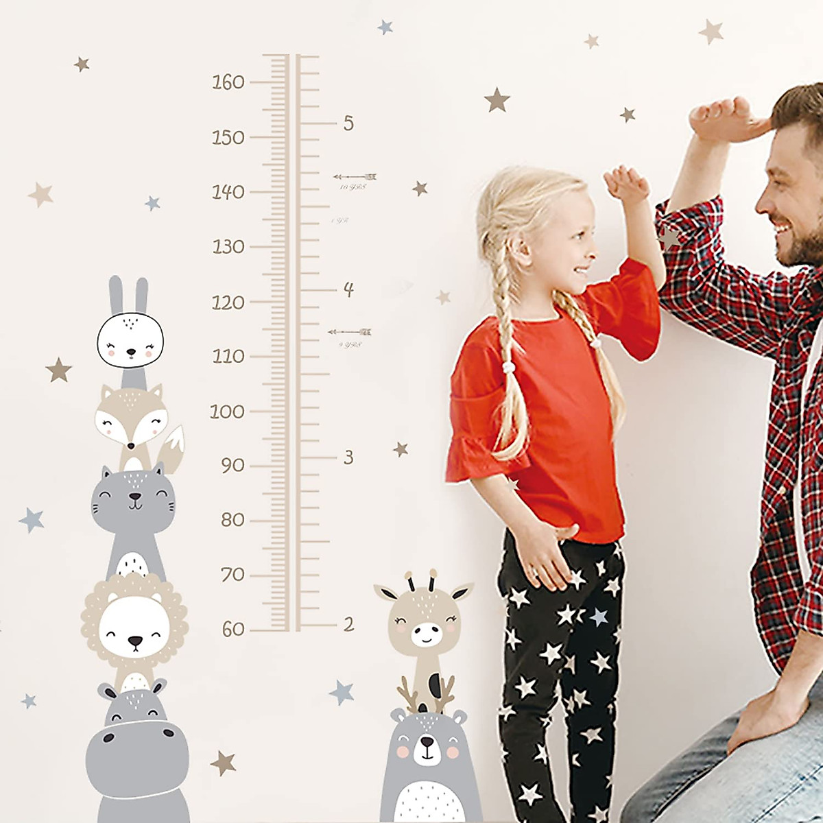 Cartoon Animals Height Growth Chart Wall Sticker Boho Style Peel and Stick Removable Wall Decals Children Kindergarten Nursery Bedroom Door Decoration (Beige & Grey)