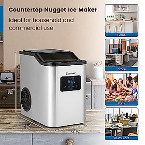 COSTWAY Nugget Ice Maker Countertop, 60 Lbs/24H, Pebble Ice Machine with Self-Cleaning, 12H Appointment Function, 2 Ways Refill Water, Portable Ice Maker for Home Office Bar Party, Stainless Steel