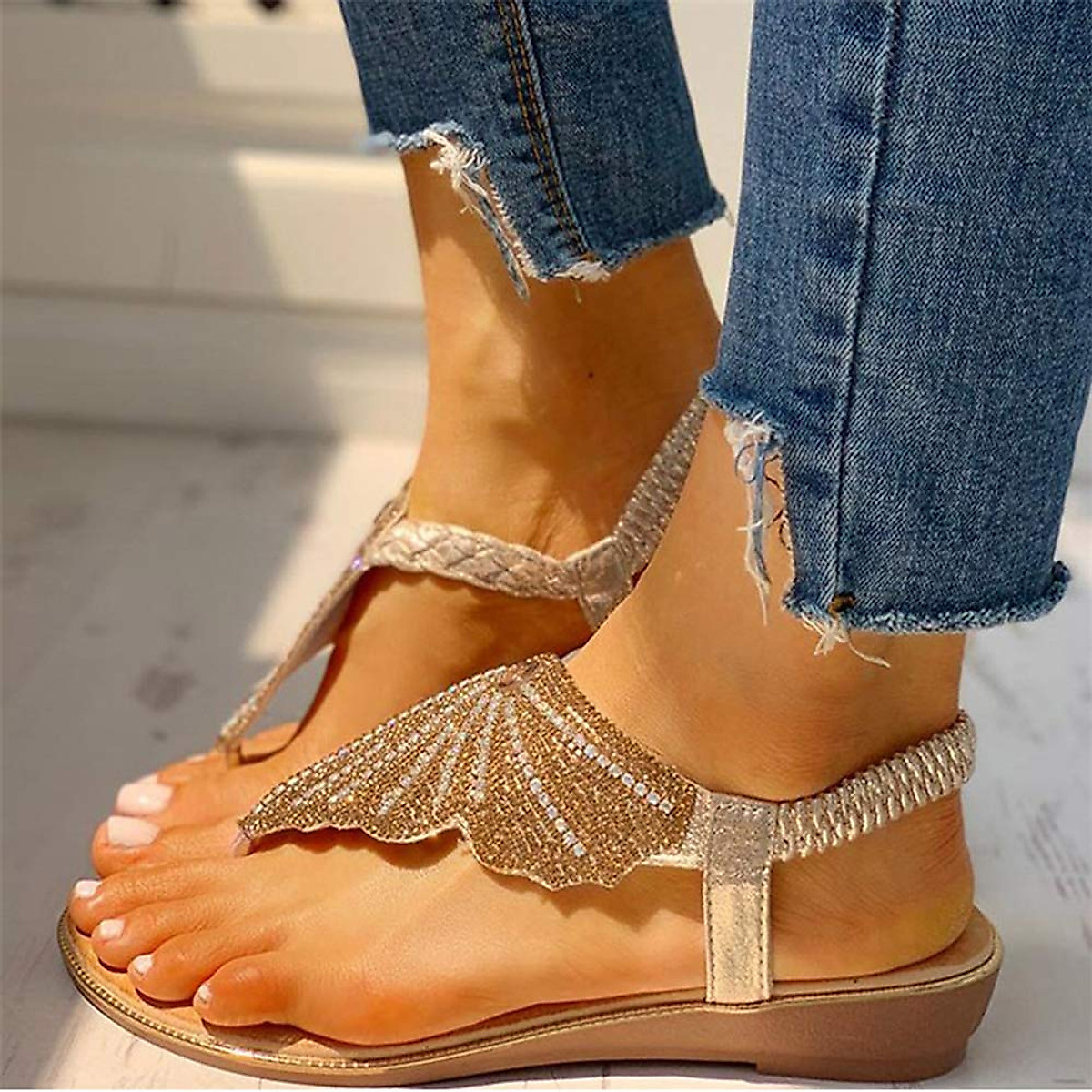 Aniywn Ladies Sandals Bohemia Flip Flops Sandals Summer Casual Comfortable Crystal t-Strap Thong Sandals