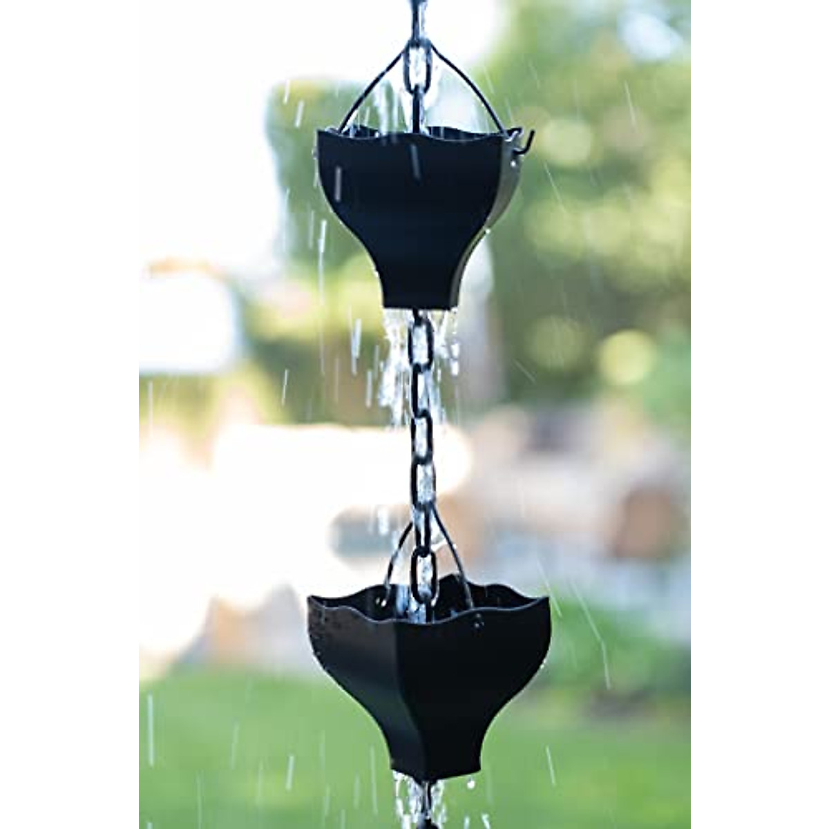 Jitane - Metal Rain Chains for Gutters - 8.75 Feet - Installation Kit Included - Rain Gutter Downspout Extension - Rain Water Catching System - Decorative Jewel Located at The Rain Chain Basin (Black)