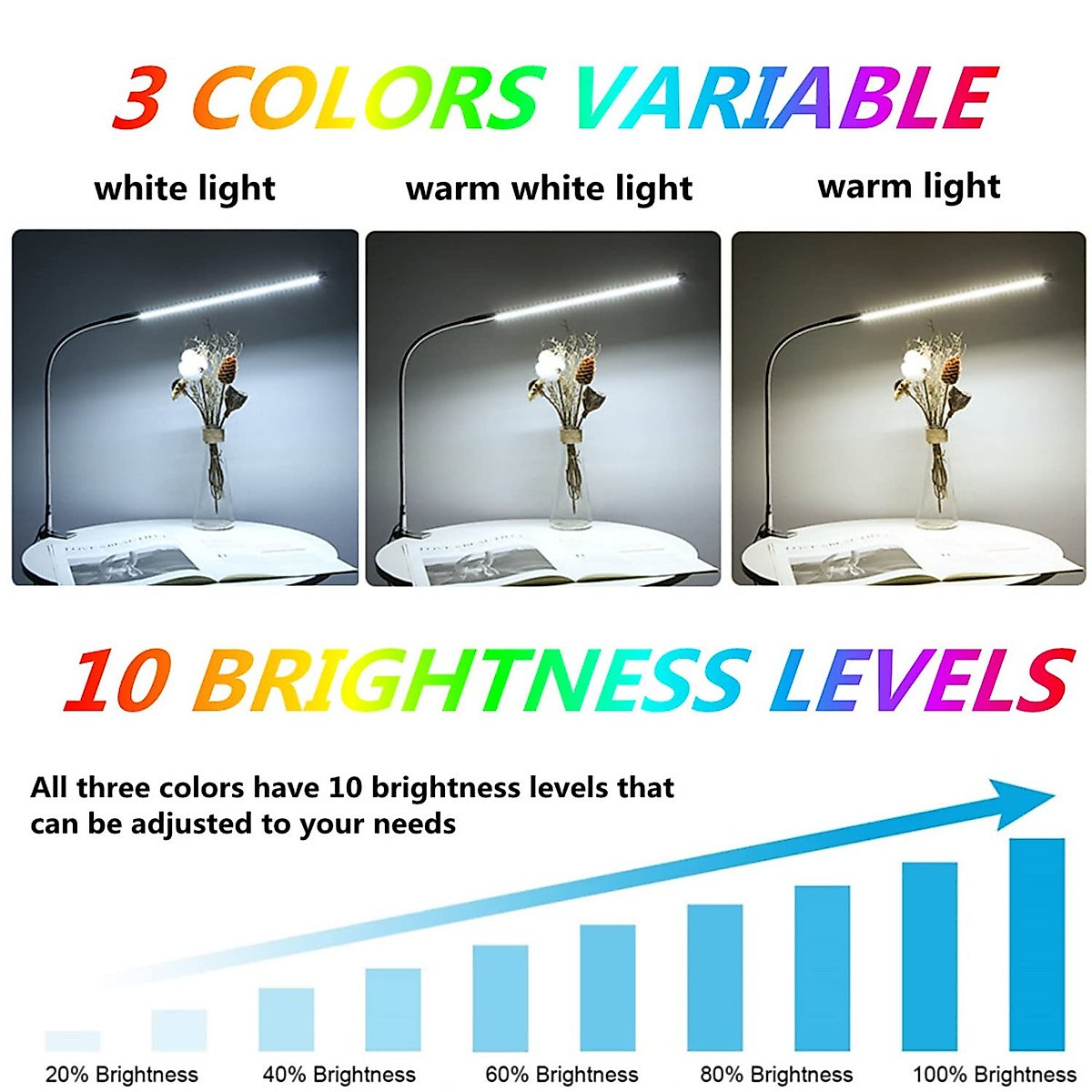 lishumei LED Desk Lamp with Clamp, 3 Modes 10 Brightness 360° Rotation Eye-Caring Reading Light, Long Flexible Gooseneck, Architect Task Lamp, USB Clamp Light for Home Office Manicure Reading