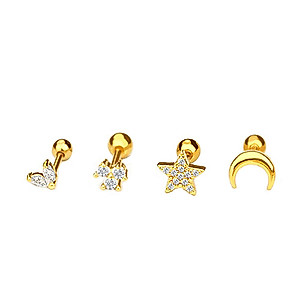 NewZenro Star Moon 16g Ear Cartilage Helix Surgical Stainless Steel Cubic Zirconia Studs Cartilage Earrings Huggie Screw Backs Ear Tragus Auricle Nose Lip Piercing Jewelry Set (Gold)