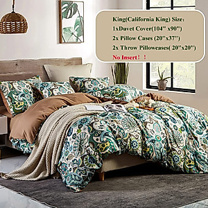 CinYana Paisley Floral Duvet Cover King Vintage Style Duvet Cover Set 5 PCS Boho Bedding Set Green Duvet Cover Set(Green,King/California King)