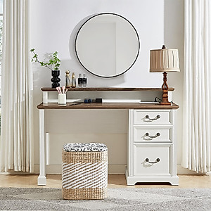 Vagaconl 55in Farmhouse Desk with Outlets, Mid Century Modern Desk with Charging Station File Cabinet, Storage Cabinet, Vintage Computer Writing Desk,Home Office,White and Brown