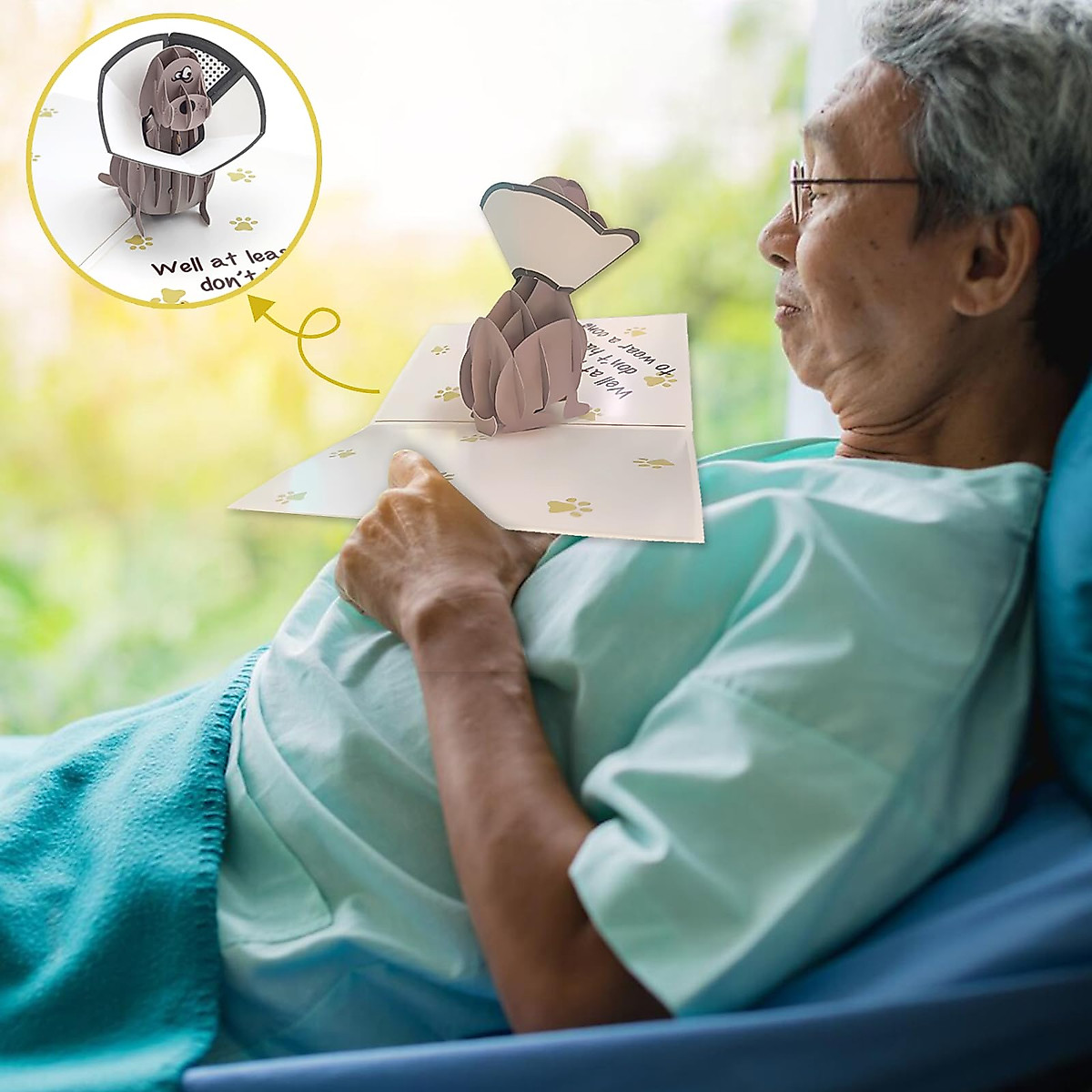 mmuue Funny Pop Up Get Well Soon Card, Humorous 3D Speedy Surgery Recovery Card for Friends Patient, Lovely Sympathy Cards for Men Women, At Least You Don't Have to Wear A Cone, Pug Cone Card