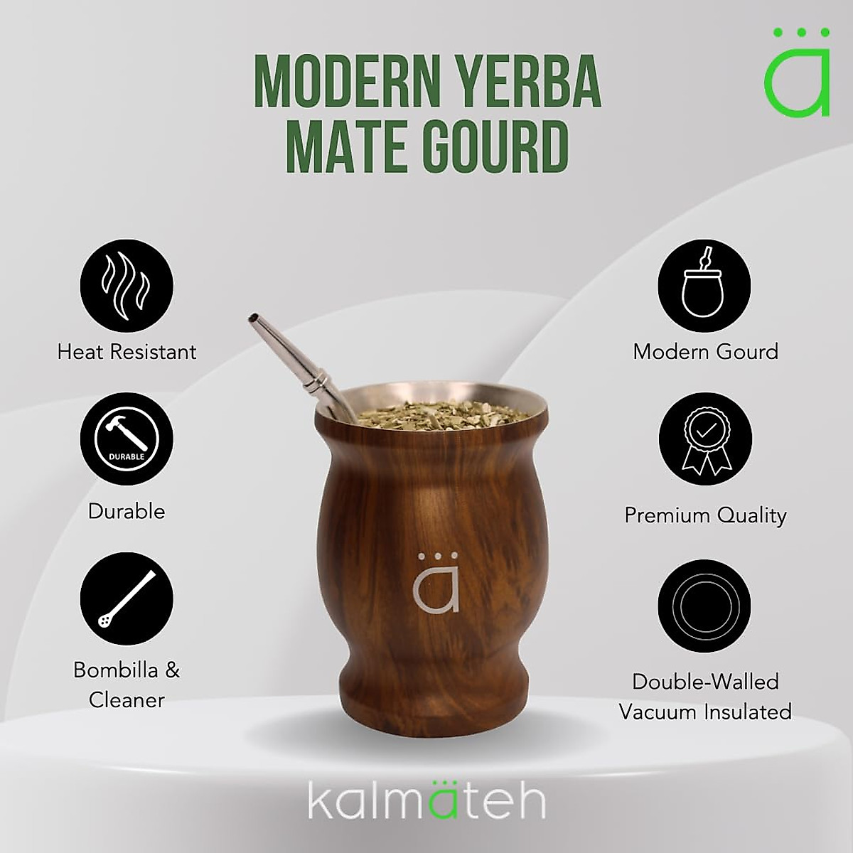 Kalmateh Yerba Mate Gourd Set - Traditional Modern Mate Cup Includes Bombilla Filter Straw and Cleaning Brush- Double Walled Stainless Steel (Wood, 8.6 oz)