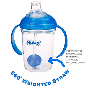 Nuby 360 Grip N' Sip 8oz Tritan Cup, Weighted Straw with Hygienic Cover, Blue