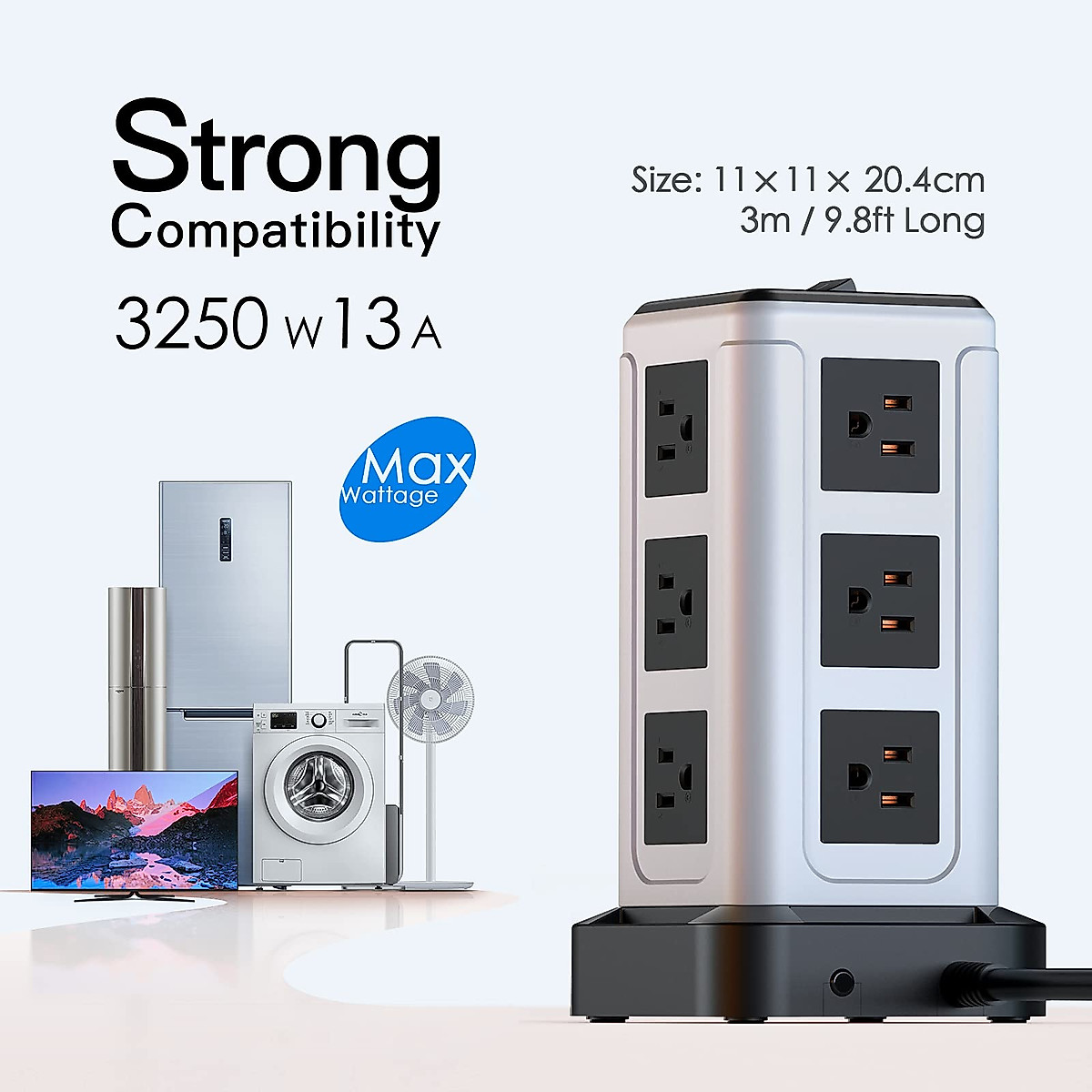 Power Strip Surge Protector with 12 AC Outlets 3250W, 4 USB Ports 1050J and 9.8ft Extension Cord, Power Strip Tower Electric Charging Station for iPhone Tablet Laptops Home Office