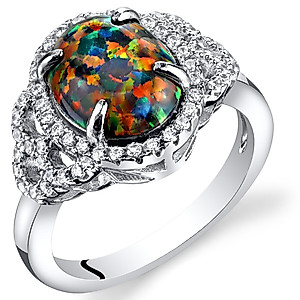 PEORA Created Black Fire Opal Large Vintage Style Ring for Women 925 Sterling Silver, 1.25 Carats Oval Shape 10x8mm, Size 9