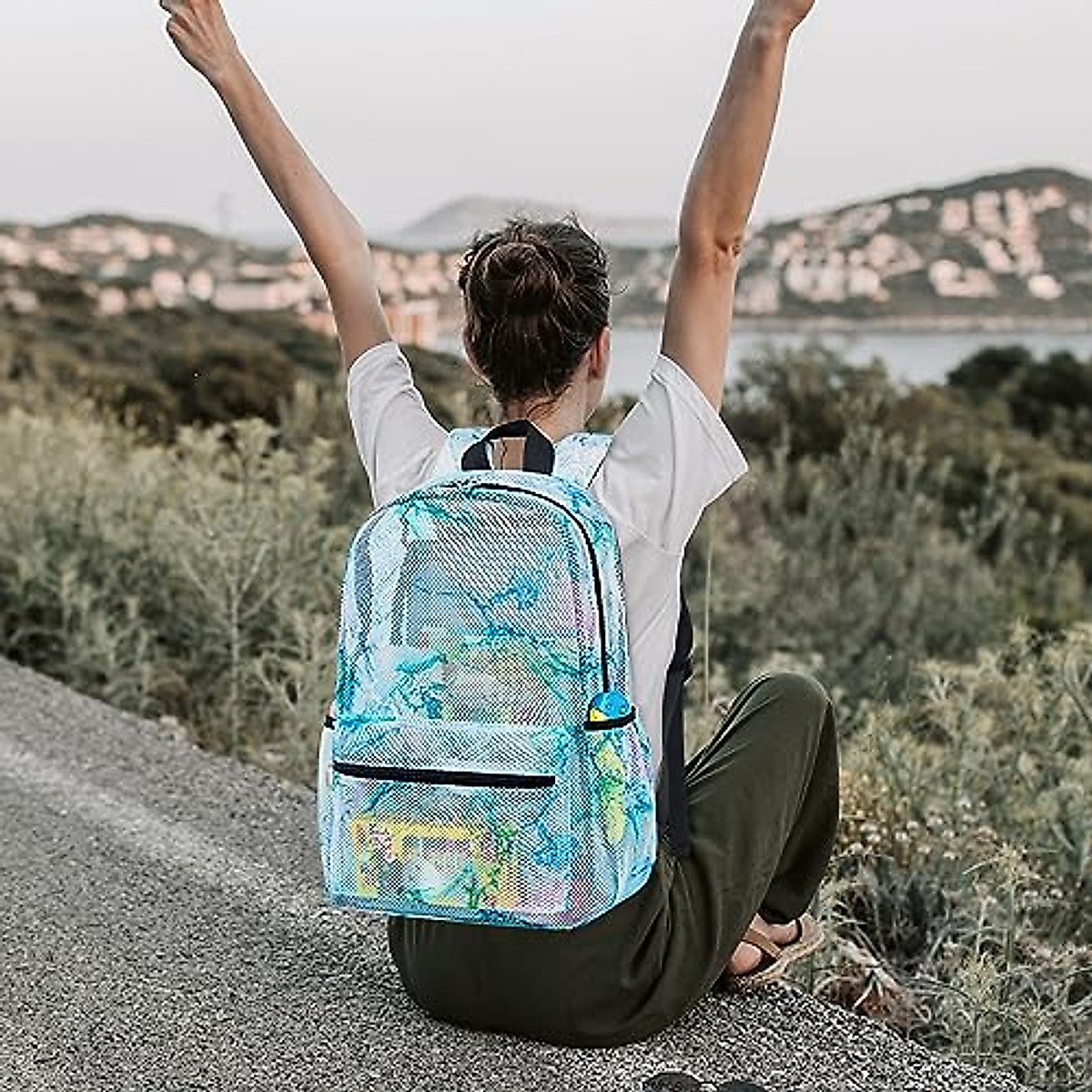 LEDAOU Mesh Backpack for Kids Girls Semi-Transparent Mesh School Backpack Bookbag Lightweight Casual Daypacks for Beach Gym(Marble Purple Blue Green)