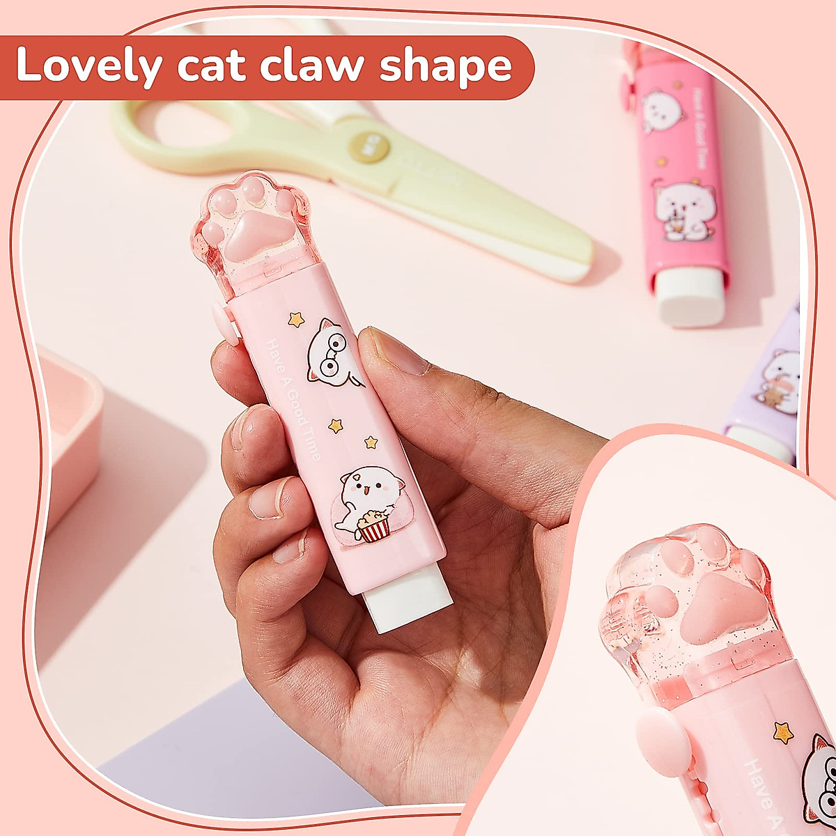 8 Pcs Cat Paw Shaped Erasers Push Pull Design Retractable Pastel Aesthetic Pencil Kawaii Cute Rubber for Kids Students School Office Stationery (Purple, Pink, White, Peach)