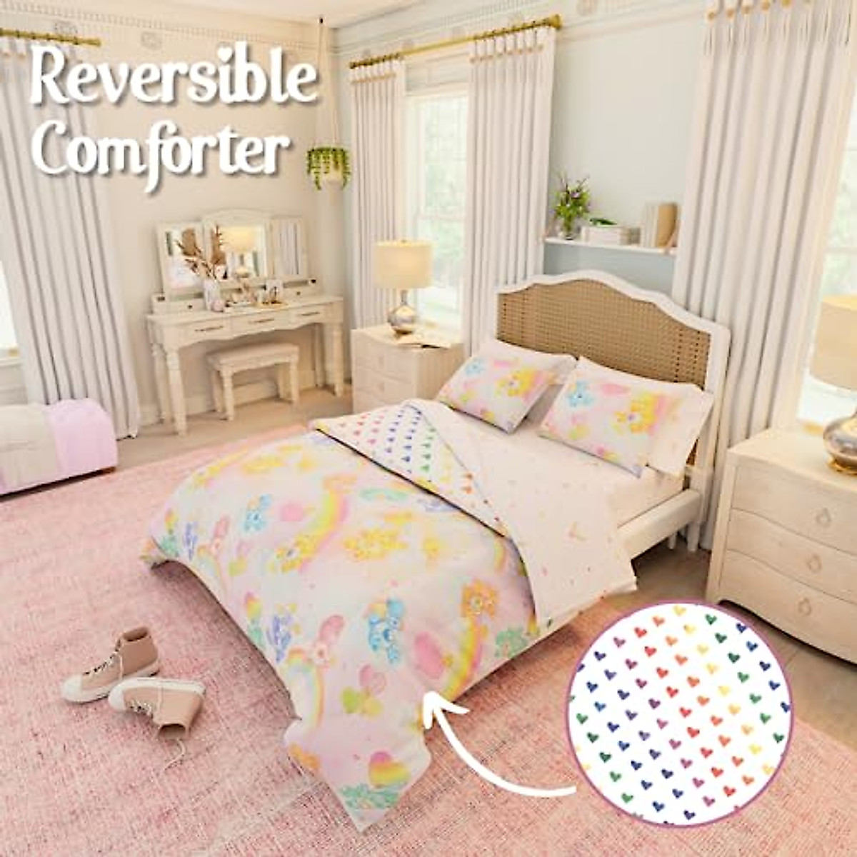 Franco Care Bears Classic Retro Rainbow Bedding 7 Piece Super Soft Comforter and Sheet Set with Sham, Queen, (100% Official Licensed Product) Collectibles