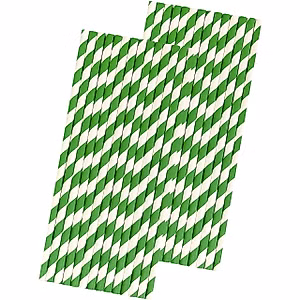 Green Striped Paper Straws - Green White Stripe - Christmas St Patrick's Birthday Supply - 7.75 Inches - 50 Pack