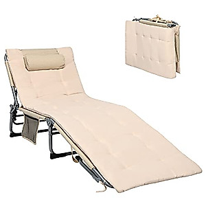 GYMAX Lounge Chair for Outside, 27” Oversize Beach Chaise Lounge with Removable Cushion & Adjustable Backrest, Headrest & Carry Strap, Tri-Fold Beach Layout Tanning Chair for Patio, Poolside(1, Beige)