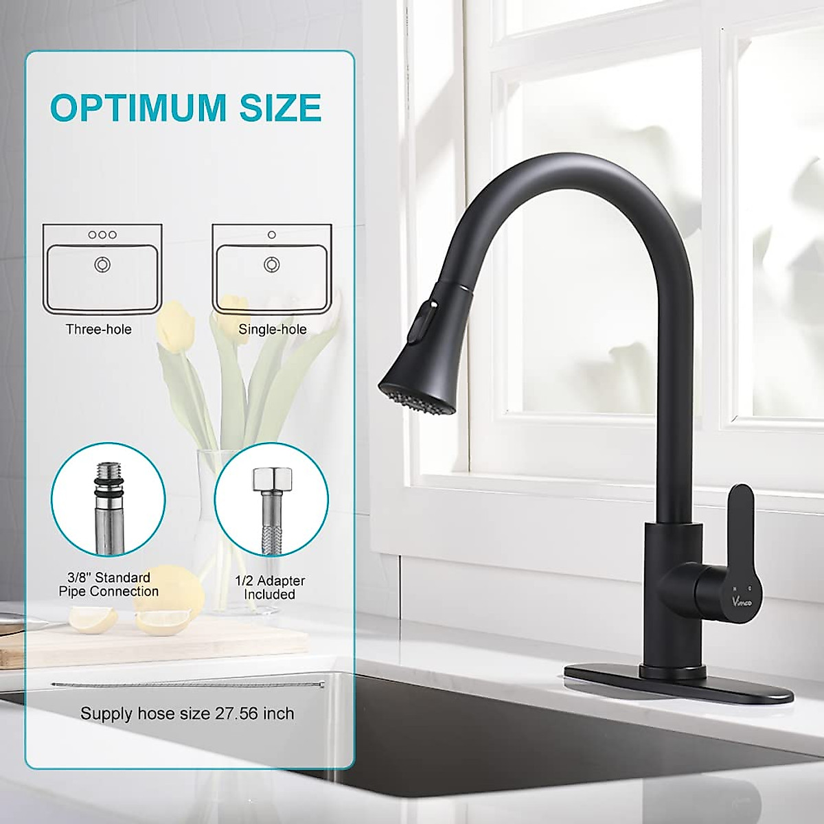 Vimco Kitchen Faucet with Pull Down Sprayer, Single Handle High Arc Faucet 1&3 Hole with Deck Plate, Kitchen Sink Faucet with Sprayer 1.8 GPM, Matte Black