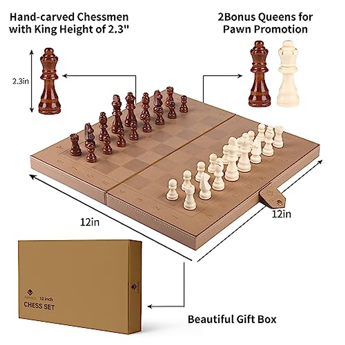 12" Leather Magnetic Chess Sets - Chess & Checkers Board Game, suwam Portable Travel Chess Board Games, Beginner Large Chess Set for Kids and Adults