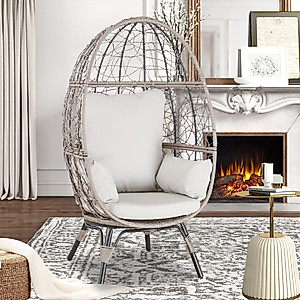Patio Tree Outdoor Wicker Egg Lounge Chair, Patio Steel Rattan Lounge Chair with 4 Removable Cushions, Beige