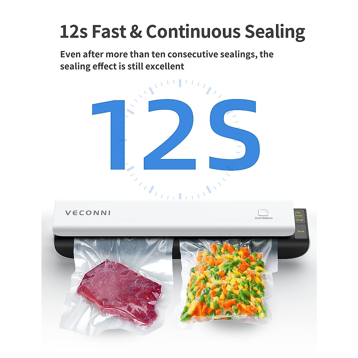 VECONNI Vacuum Sealer Machine, Automatic Vacuum Sealers for Food Storage, 12s Fast & Continuous Sealing, Smart Heating Strip & Pump, 10 Bags Included, 15.5x3.2x2.4 inches, VS20
