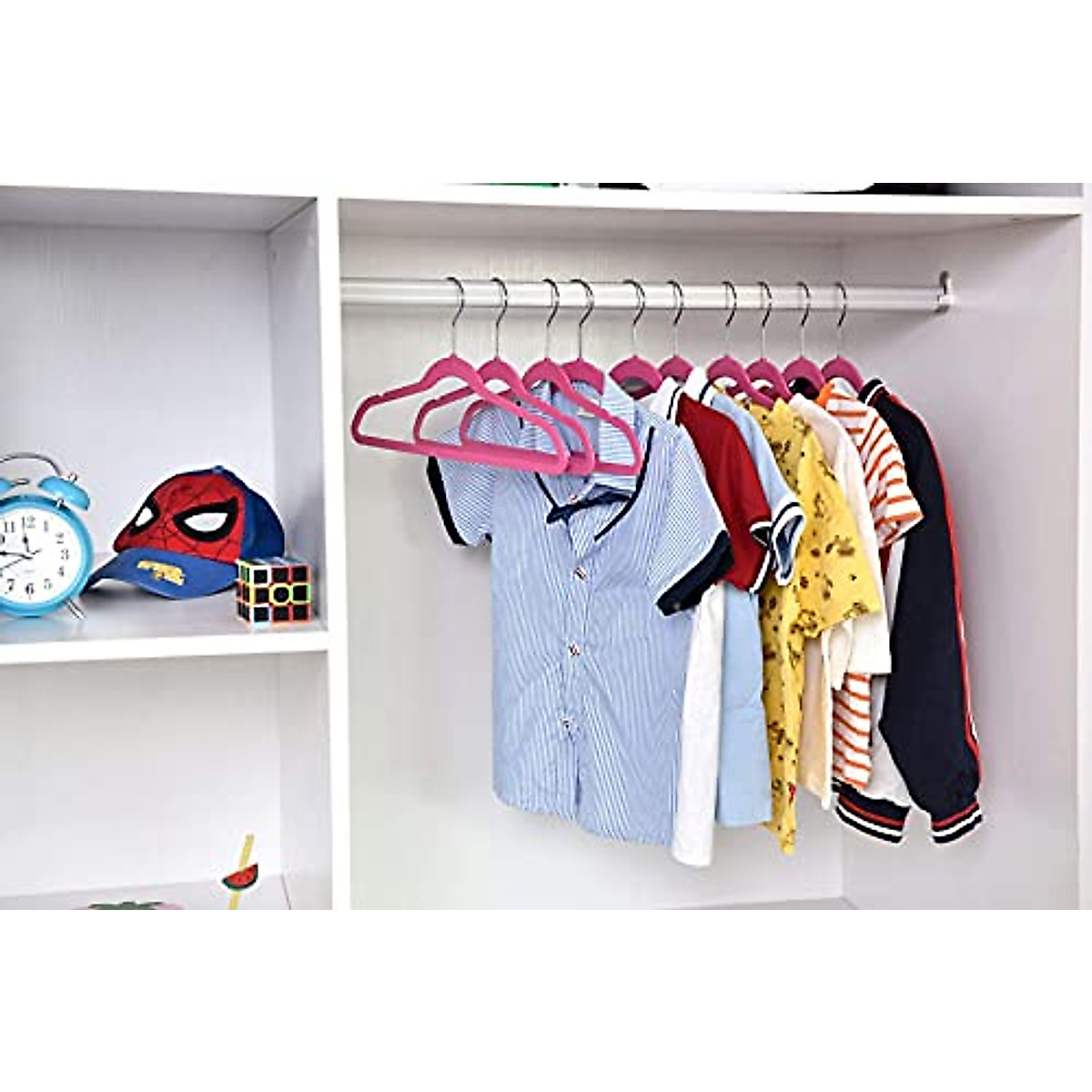 Quality Kids Children's Plastic Non Velvet Non-Flocked Thin Compact Shirt and Skirt/Pant Bundle Coat Hangers with Metal Clips for Skirts Pants Blouses 360° Swivel Hook, Jacket, Pink
