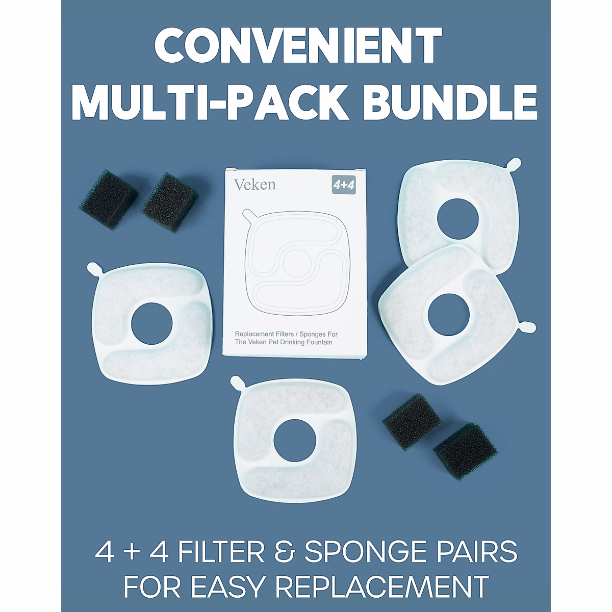 Veken Cat Water Fountain Filters, 4 Pack Replacement Filters & 4 Pack Replacement Pre-Filter Sponges Set for 67oz, 95oz, 135oz Automatic Pet Fountain Dog Water Dispenser