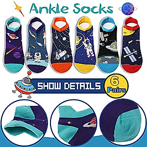 Welwoos Kids Boys Ankle Socks No Show Low Cut Funny Cute Cartoon Novelty Cotton Socks 6 Pairs Gifts Stocking Stuffers for Boys Kids(Space,,9-14 Y)