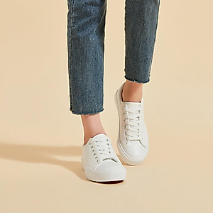 Eydram Women's Synthetic Leather White Tennis Shoes,Lace up White Sneakers,Low Top Fashion Sneakers(White.US9)