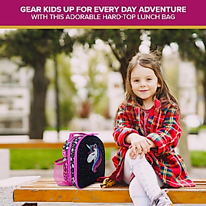 Decorably Insulated Hard Top Sequined Glittery Unicorn Girls Lunch Boxes for School, Easy-to-Clean Kids Lunch Bag with 2 Main Compartments and Water Bottle Holder