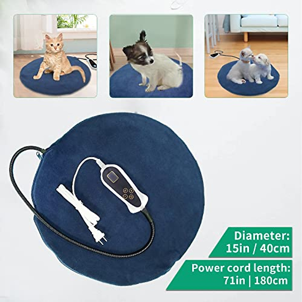 RC SLL Cat Heating Pad,Heated Cat Bed Indoor Electric Warming Cat Bed,Upgraded Adjustable Controller,Waterproof Kitten Heating Pad with Chew Resistant Steel Cord(PVC,Round-Ø15.5inch)