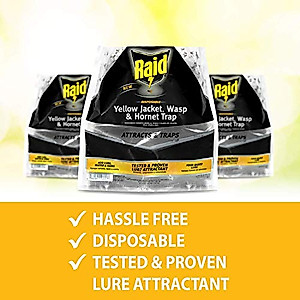 Raid Yellow Jacket and Wasp Trap (3-Pack), Outdoor Wasp Trap, Disposable Wasp and Yellow Jacket Trap Bag with Food-Based Attractant