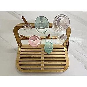 MEUHIIS Bamboo Baby Bottle Drying Rack Space Saving,Travel Baby Bottle Rack Dryer Holder Portable Countertop Bottle Dryer Rack Organizer,Bamboo Drying Rack for Bottles,Cups,Pacifiers and Accessories