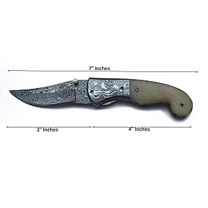 WolfKlinge Handmade Damascus Folding Pocket Bowie Knife for Edc,Hunting,Survival,CampingBushcraft,Skinning and Fishing with Full Tang Camel Bone Handel and Cowhide-Leather Sheath For Men and Women (DCF26 - Typhoon)