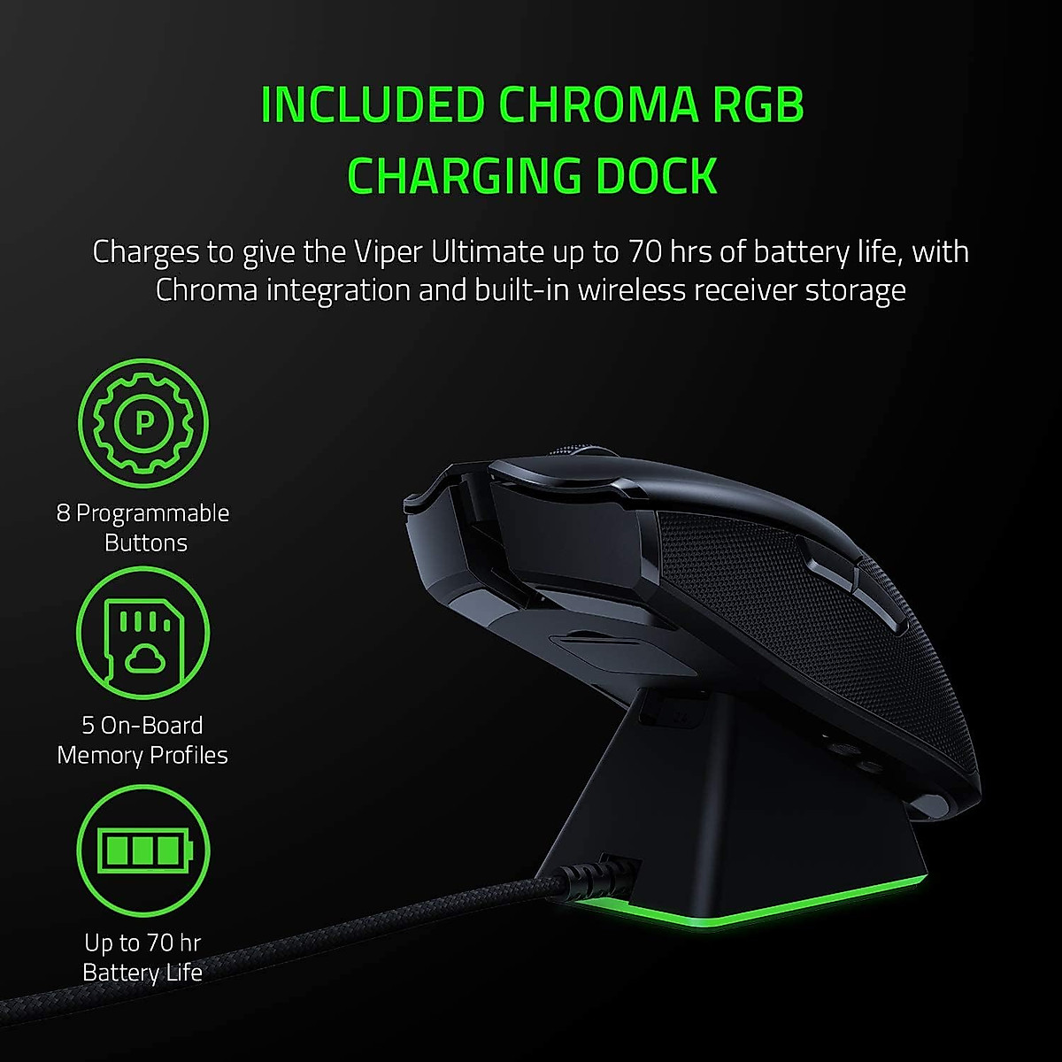 Razer Viper Ultimate with Charging Dock - Ambidextrous Esports Gaming Mouse Powered by HyperSpeed Wireless Technology (Focus+ 20K Optical Sensor, 74g Lightweight, RGB Chroma) Black