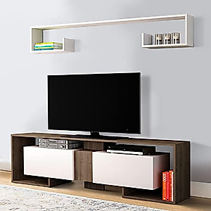 The Urban Port 71-Inch Wooden TV Console Entertainment Media Center, 2-Piece Set, Wall Mounted Floating Shelf, White and Brown