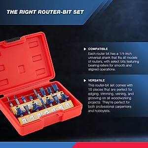 HILTEX 10100 Tungsten Carbide Router Bits, 15 Piece Router Bit Set, 1/4” Router Bit Shank Tungsten Carbide Router Bits, Chamfer Router Bits for Woodworking on Wood , Blue