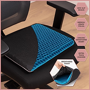Gel Seat Cushion for Long Sitting - Honeycomb Cooling Pad with 1.2" Inches of Gel Padding & Padded Cover for Driving, Office Chair, Car or Wheelchair - Sciatica, Tailbone and Pressure Relief Pillow
