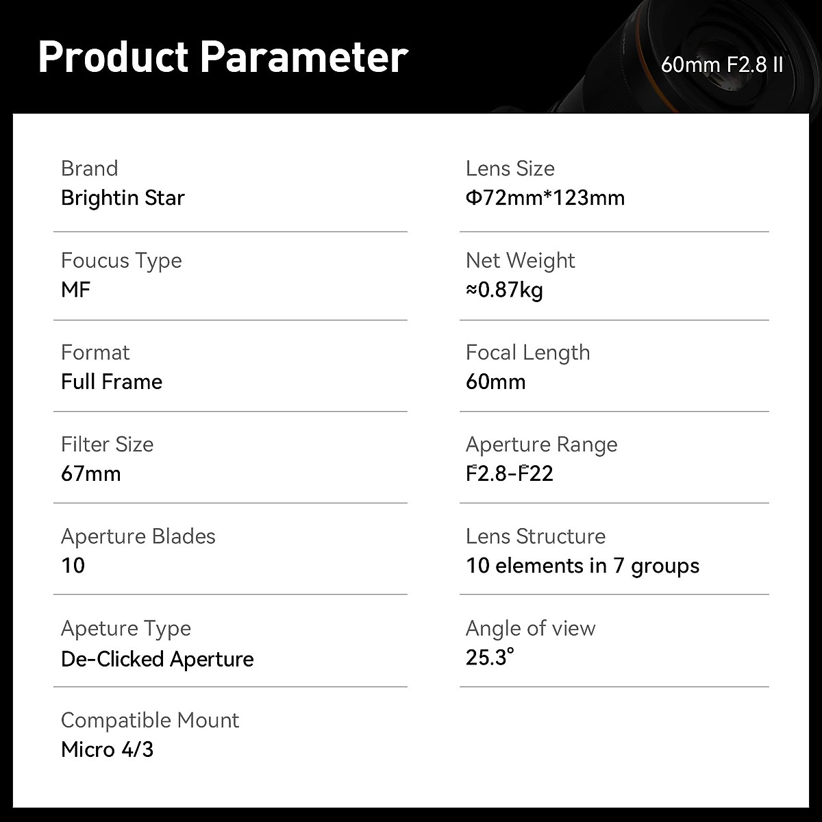 Brightin Star 60mm F2.8 2X Macro Magnification Manual Focus Mirrorless Camera Lens, Fit for Panasonic LUMIX Olympus Micro4/3 G7, G85, GX9, G7KS, EPM1/2, EM1, E-P1/P2/P3/P5, PL 1/2/3/5/6, G2/3/5/6