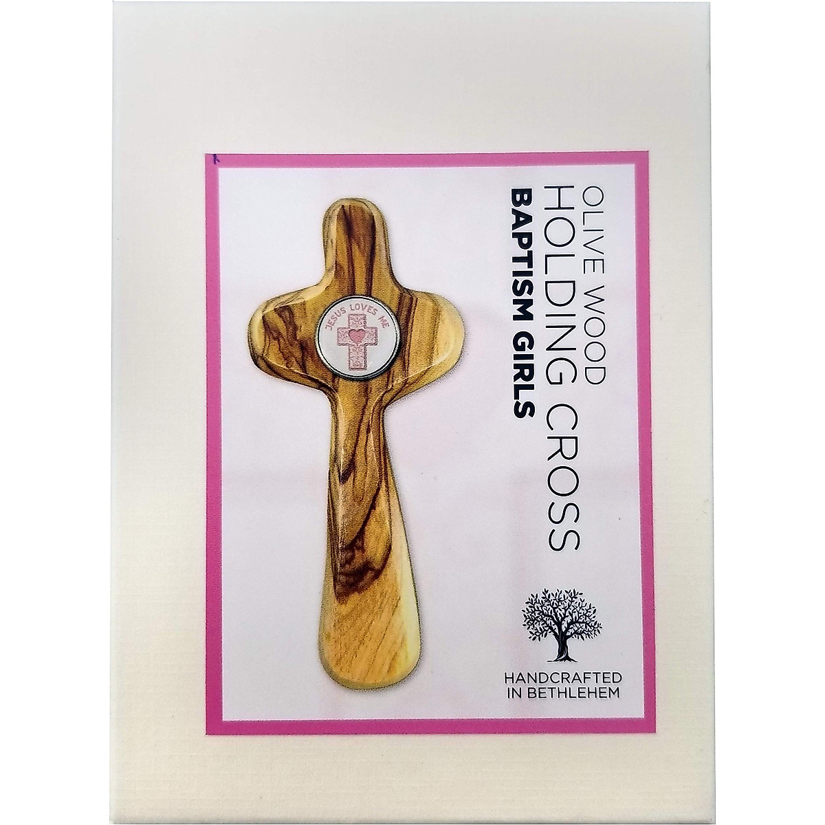 Logos Trading Post Girls Baptism Cross, Holy Land Olive Wood Deluxe Holding Cross from Israel, Wooden Baptismal Ceremony Keepsake Gift in Hard Shell Gift Box with Certificate of Authenticity