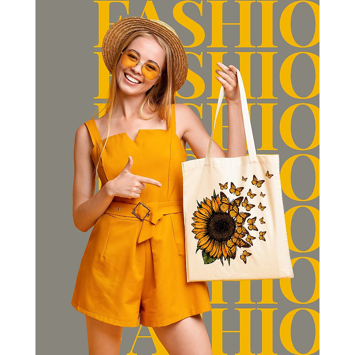 AUSVKAI Canvas Tote Bag Aesthetic for Women, Cute Trendy Sunflower Butterflies Reusable Cloth Cotton Bags with Handle for Grocery School Shopping Beach