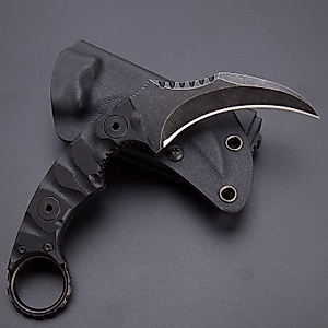 KIASLORE 1911K Tactical Knife Fixed Blade Teeth Knife D2 curved Blade & G10 Handle for Outdoor Survival, Camping, Bushcraft and Hunting, with Sheath (Stonewashed, 180)