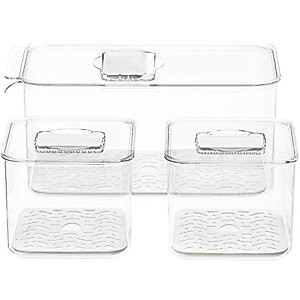 blitzlabs Fridge Food Storage Bin Containers Keeper Produce Saver, Stackable Organizer Bins Baskets with Lids and Removable Drain Tray for Veggie, Berry, Fruits and Vegetables, Set of 3