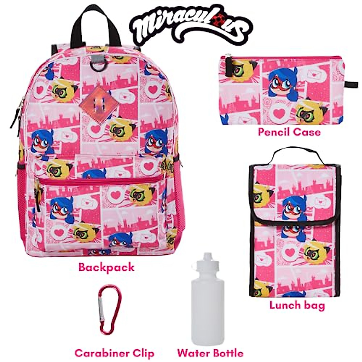 Miraculous Ladybug Cat Noir Backpack Set with Lunch Bag for Girls, 16 inch, 5 Piece Value Set, Pink