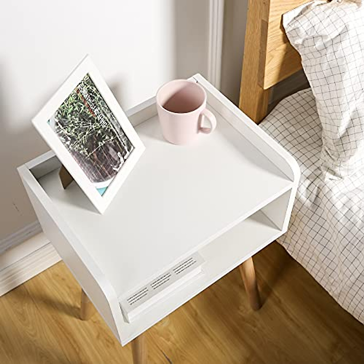 exilot Nightstand Mid-Century Modern Bedside Table with Solid Wood Legs Minimalist and Practical End Side Table, White