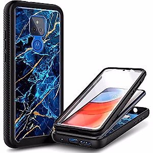 NZND Case for Motorola Moto G Play 2021 with [Built-in Screen Protector], Full-Body Protective Shockproof Rugged Bumper, Impact Resist Durable Phone Cover Case (Marble Design Sapphire)