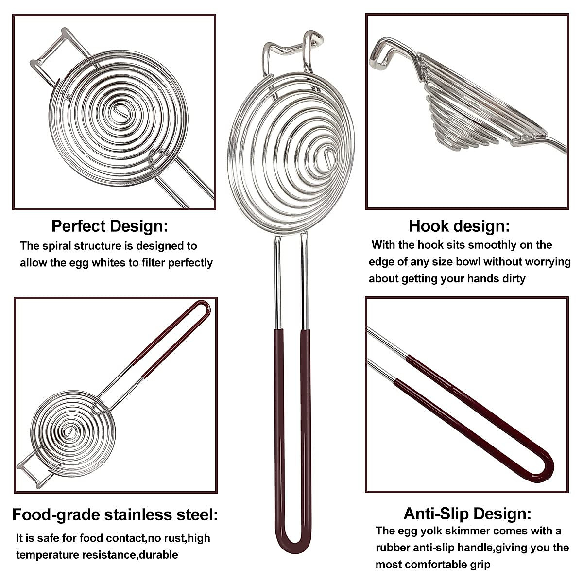 1 Pack Stainless Steel Yolk White Separator Tool Long Handled Egg White Separator, Egg Separator for Baking Cake, Kitchen Gadget (Large)