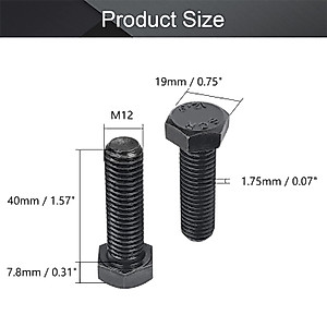 MroMax M12 Left Hand Hex Bolt M12-1.75 x 40mm Hex Head Screw Bolts Carbon Steel Fully Threaded Metric Hex Bolts Grade 12.9 Black 5Pcs
